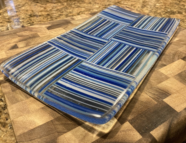 Fused Glass Blue Criss Cross Thread Pattern Plate - Ready to Ship - Etsy
