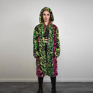 Neon Leopard Faux Fur Coat Hooded Festival Jacket Cheetah Rave Bomber ...