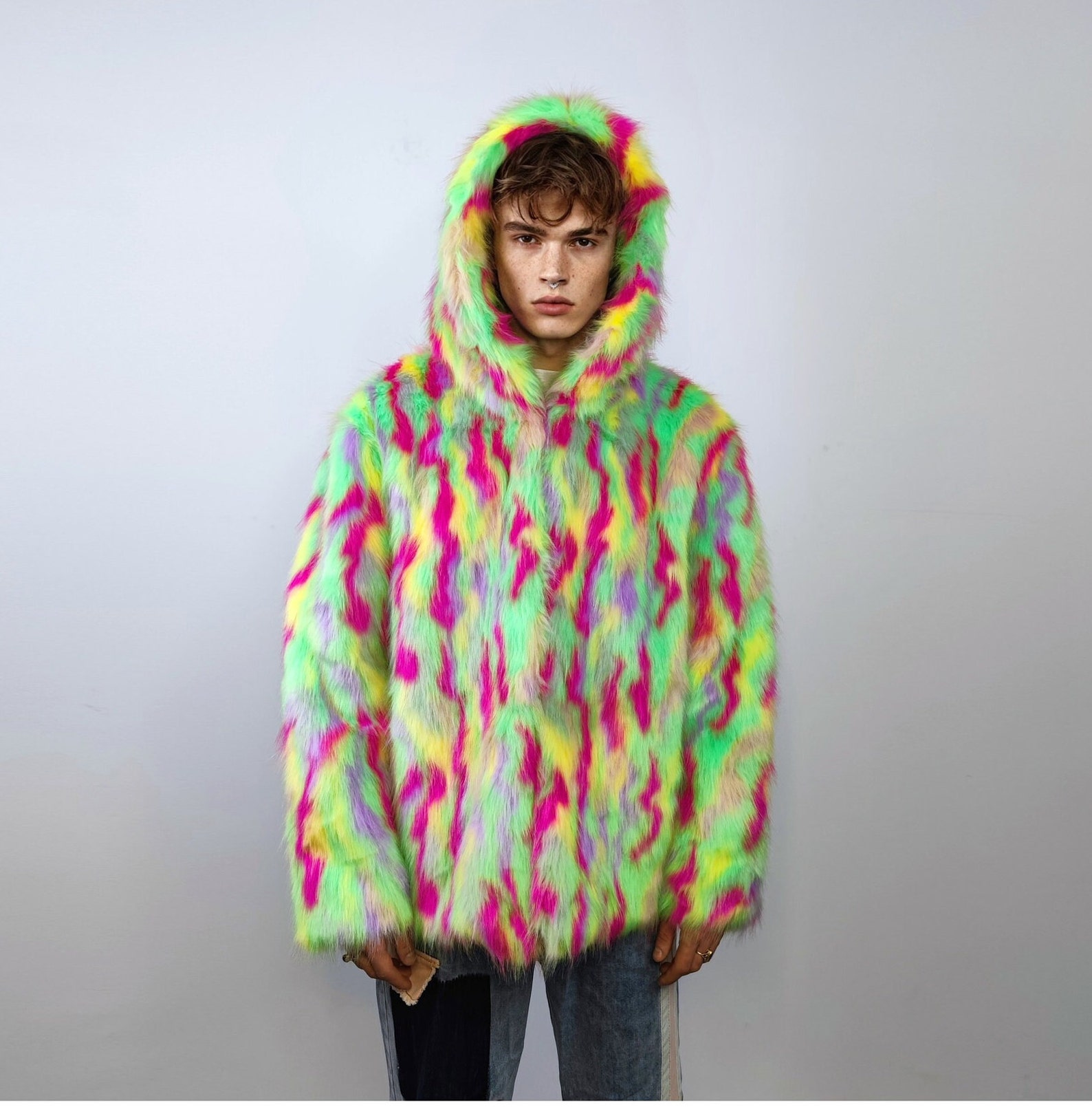 Hooded Faux Fur Jacket Psychedelic Coat Shaggy Trench Bright Raver ...