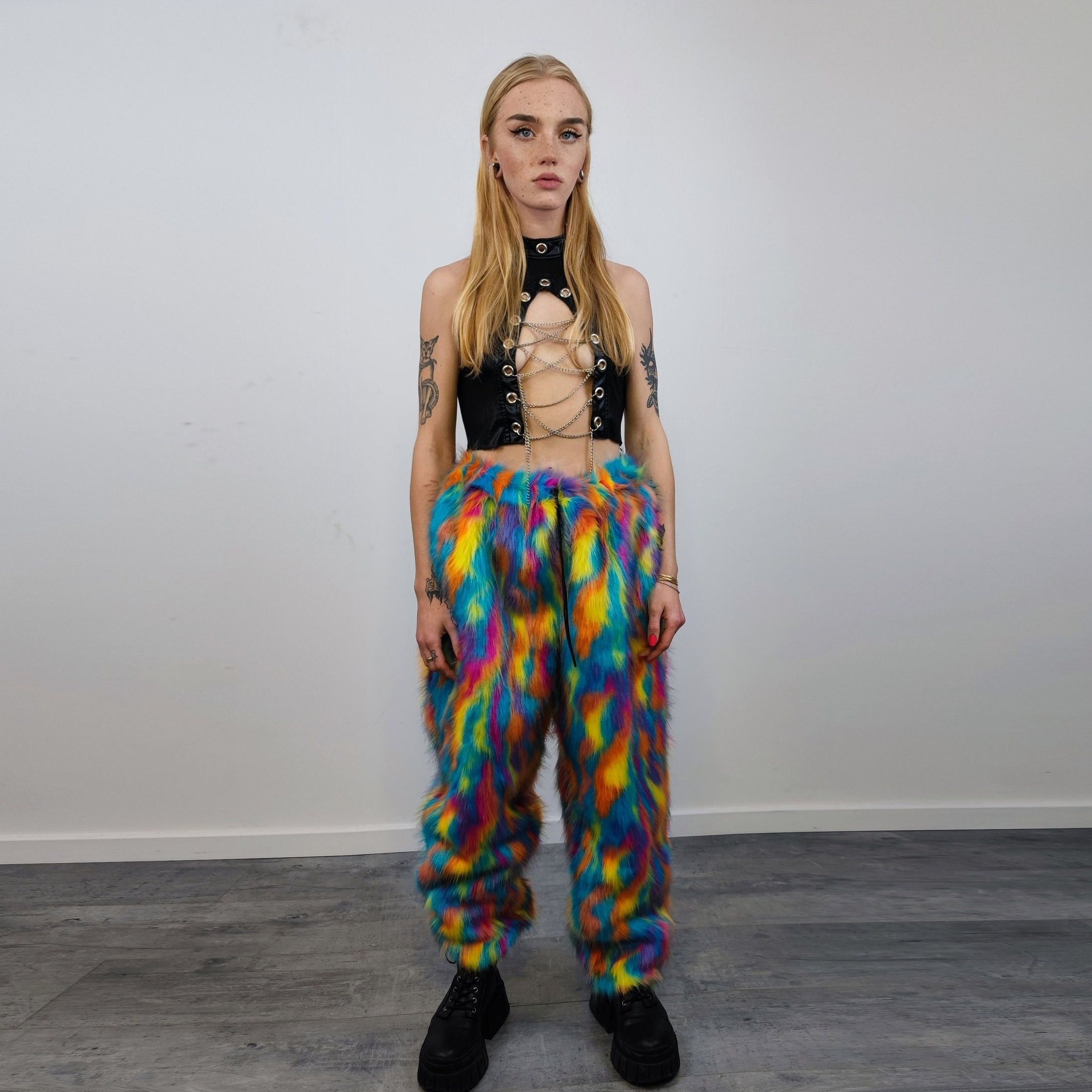 Disco Faux Fur Joggers 70s Raver Pants Fluffy Psychedelic Trousers Ski ...