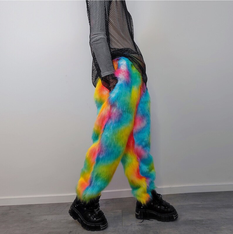 Rainbow Faux Fur Joggers Raver Pants Fluffy Psychedelic Trousers Ski ...