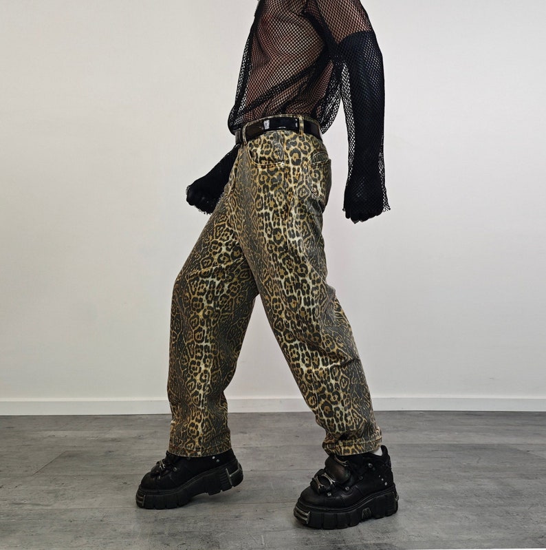 Brown Leopard Jeans Faded Animal Print Pants Unisex Bleached Denim ...