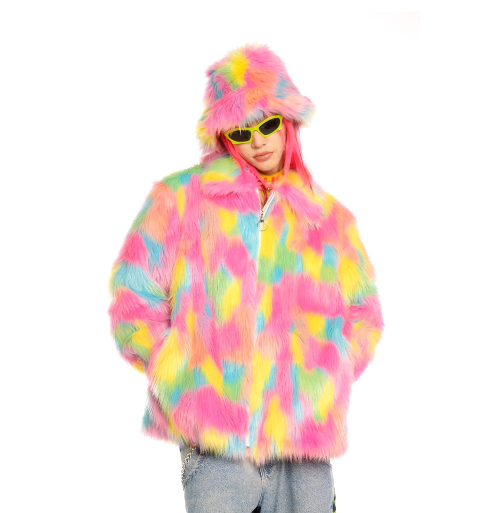 Rainbow Shaggy Faux Fur Jacket Unicorn Raver Bomber Fluffy - Etsy