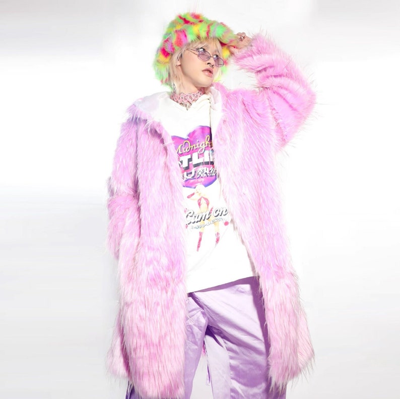 Festival Shaggy Faux Fur Longline Jacket Fluorescent Raver Bomber ...