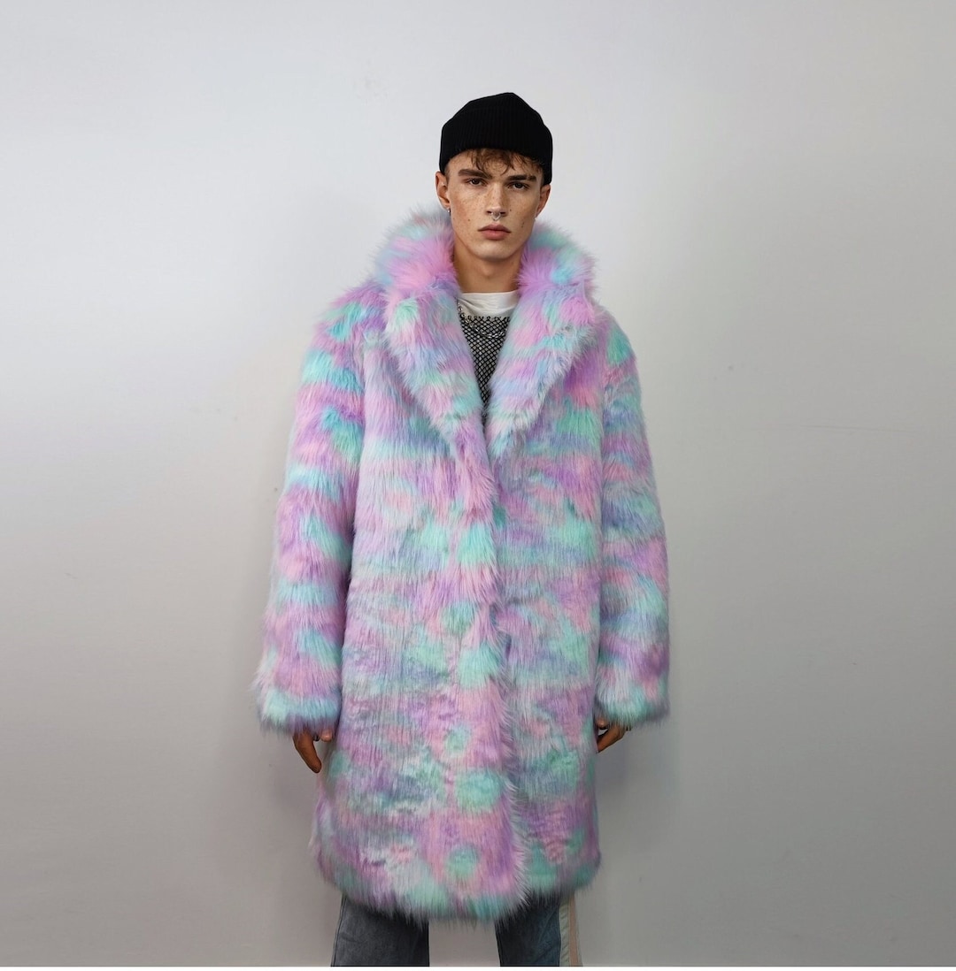 Candy Faux Fur Long Coat Unicorn Trench Neon Raver Bomber Fluffy Tie ...
