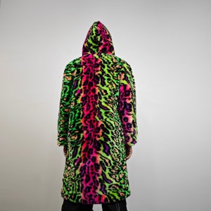 Neon Leopard Faux Fur Coat Hooded Festival Jacket Cheetah Rave Bomber ...