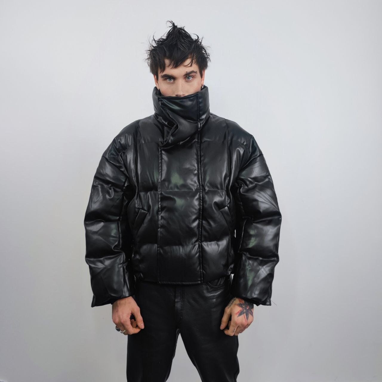 Faux Leather Puffer Jacket Utility PU Bomber Raised Neck Gorpcore Coat ...