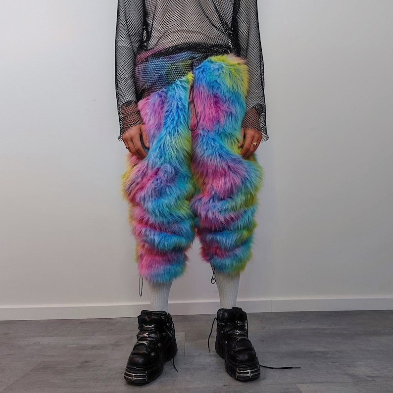 Rainbow Faux Fur Joggers Unicorn Raver Pants Fluffy Psychedelic ...