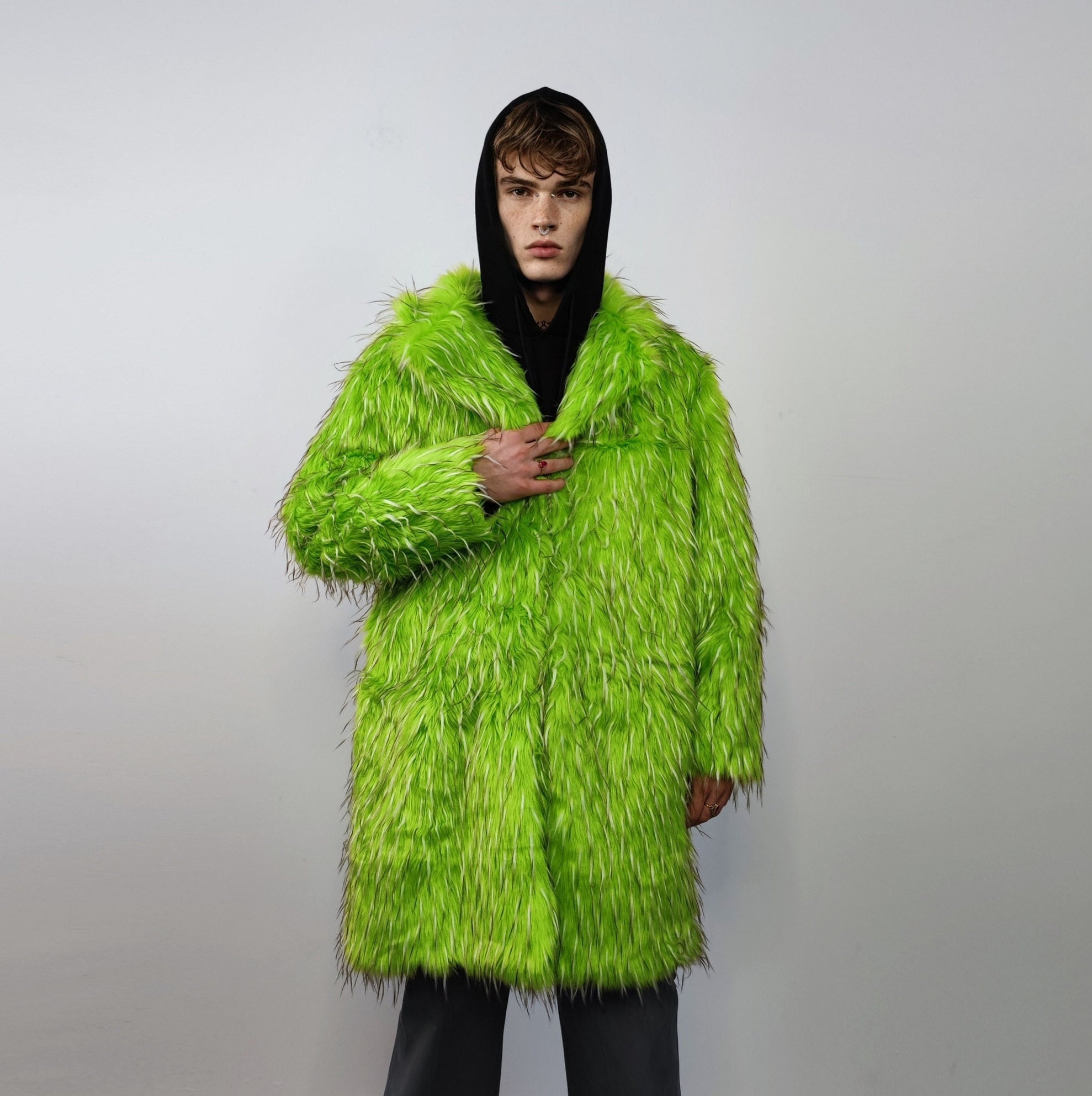 Shaggy Faux Fur Longline Coat Neon Trench Bright Raver Bomber Fluffy ...