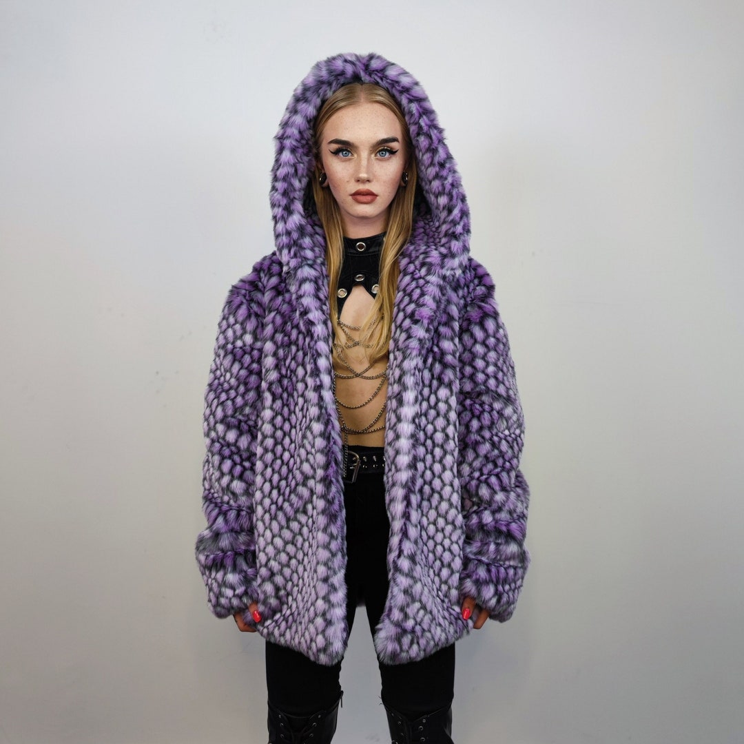 Hooded Checked Faux Fur Jacket Geometric Bomber Bright Raver Coat ...