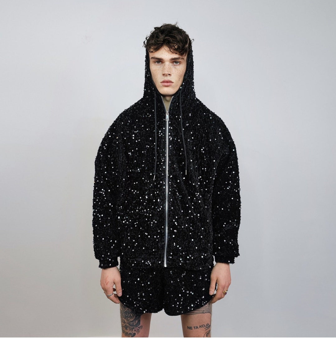 Black Sequin Hoodie Glitter Pullover Sparkle Jumper Party Top Glam Rock ...