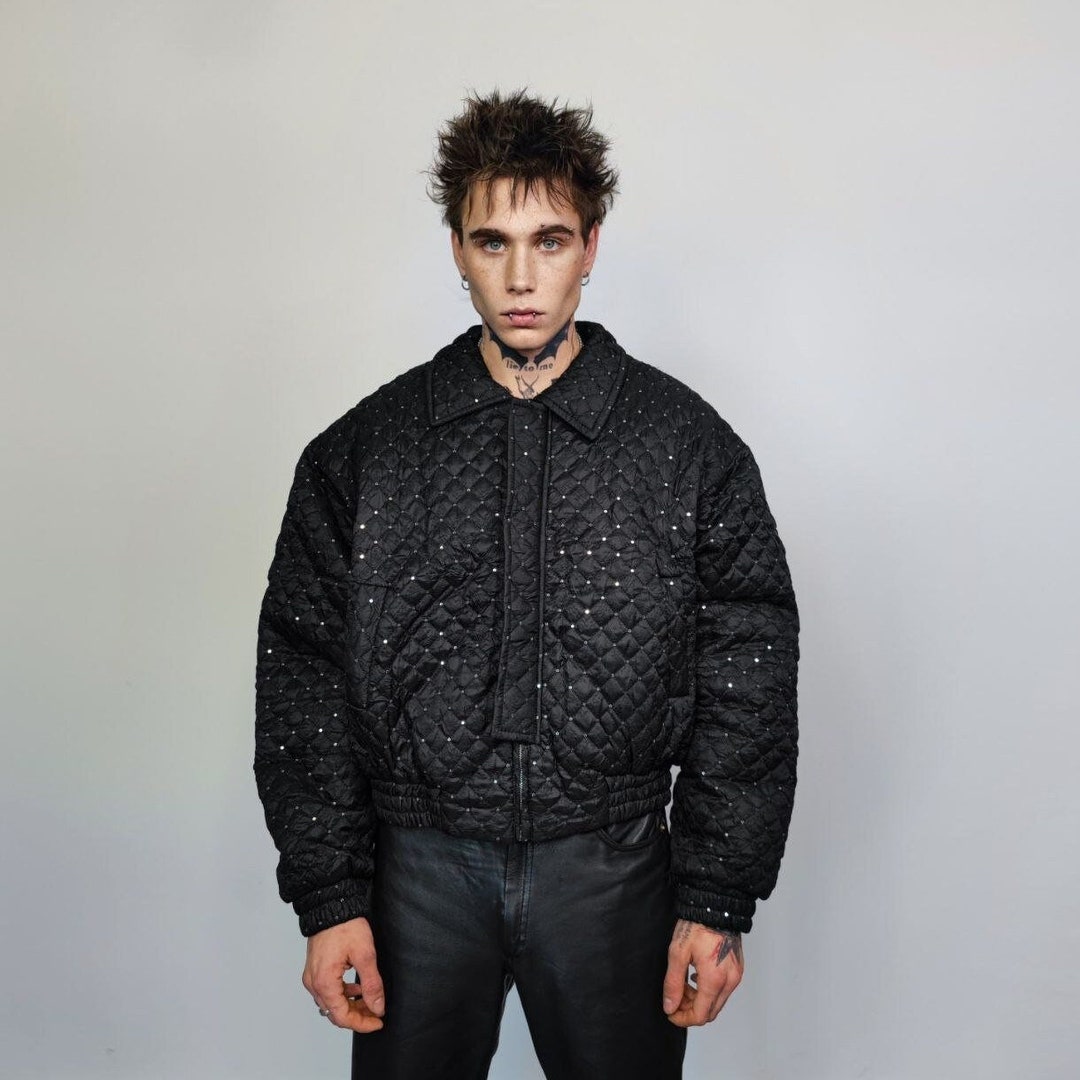 Rhinestone Beaded Bomber Jacket Embellished Gothic Varsity High Fashion ...