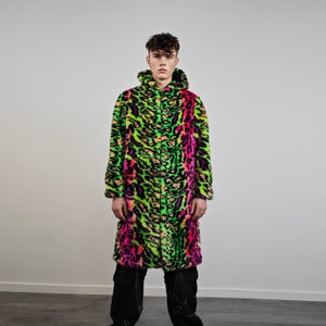Neon Leopard Faux Fur Coat Hooded Festival Jacket Cheetah Rave Bomber ...