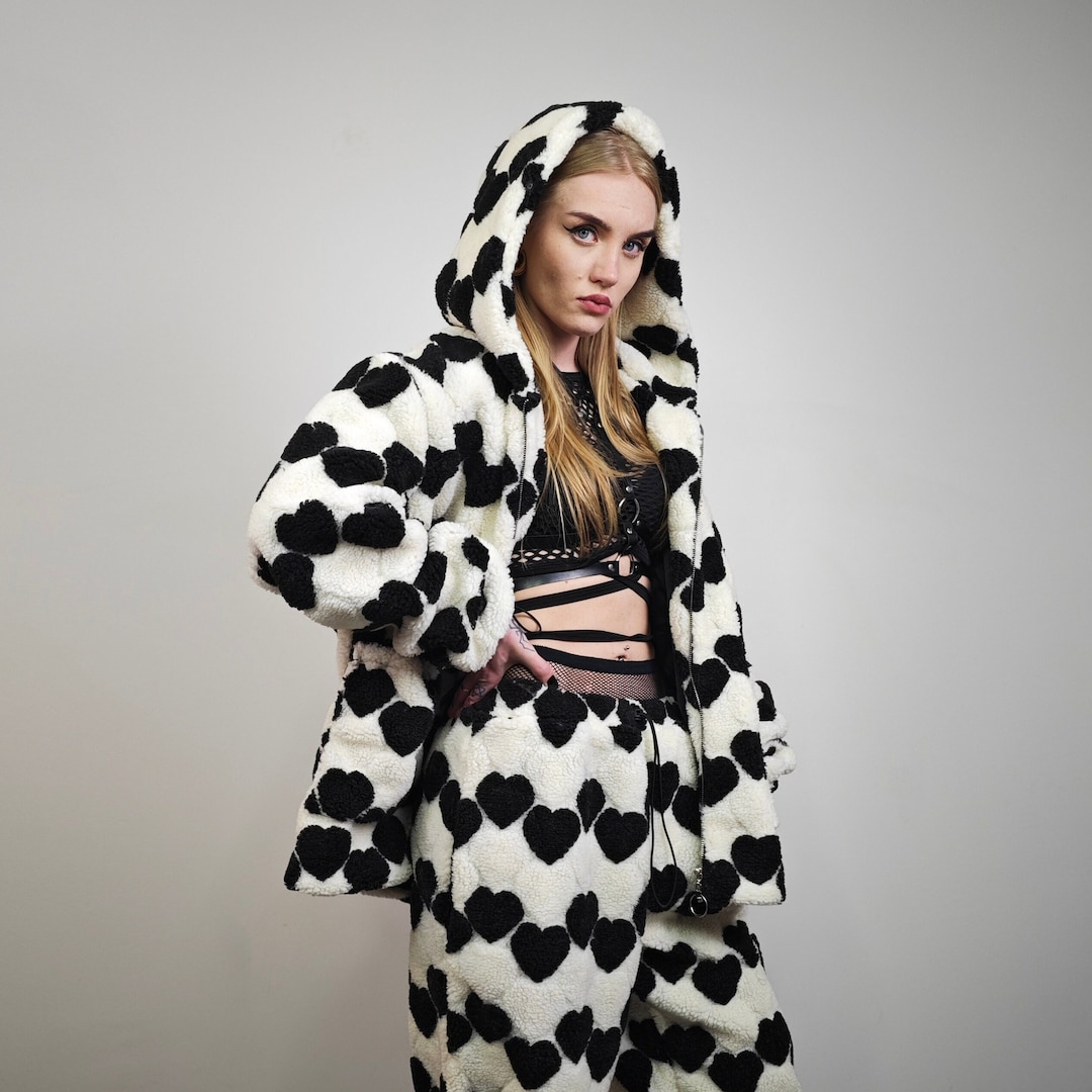 Black Heart Fleece Jacket Textured Fluffy Bomber Love Pattern Pullover ...