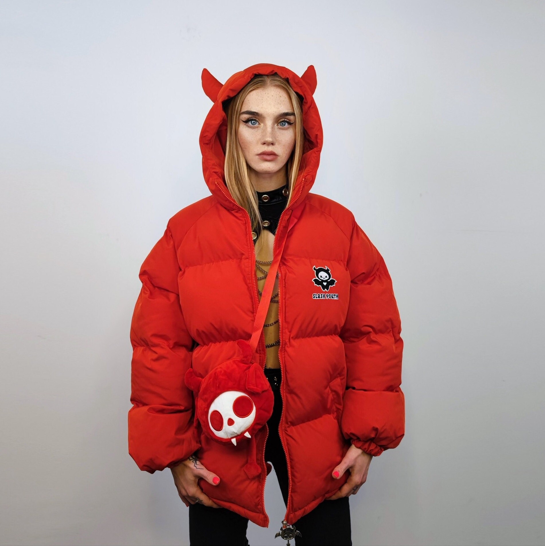 Devil Horn Hooded Jacket Skeleton Embroidery Bomber Quilted Gothic ...