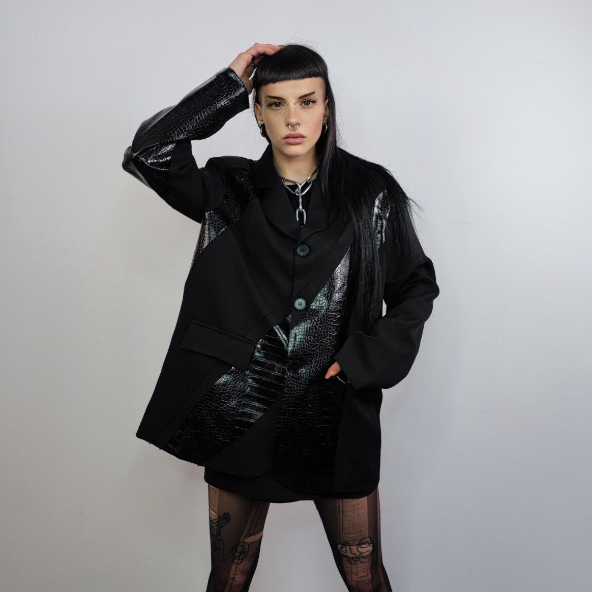 Snake Skin Blazer Asymmetric Ripped Jacket Python Leather Punk Coat ...