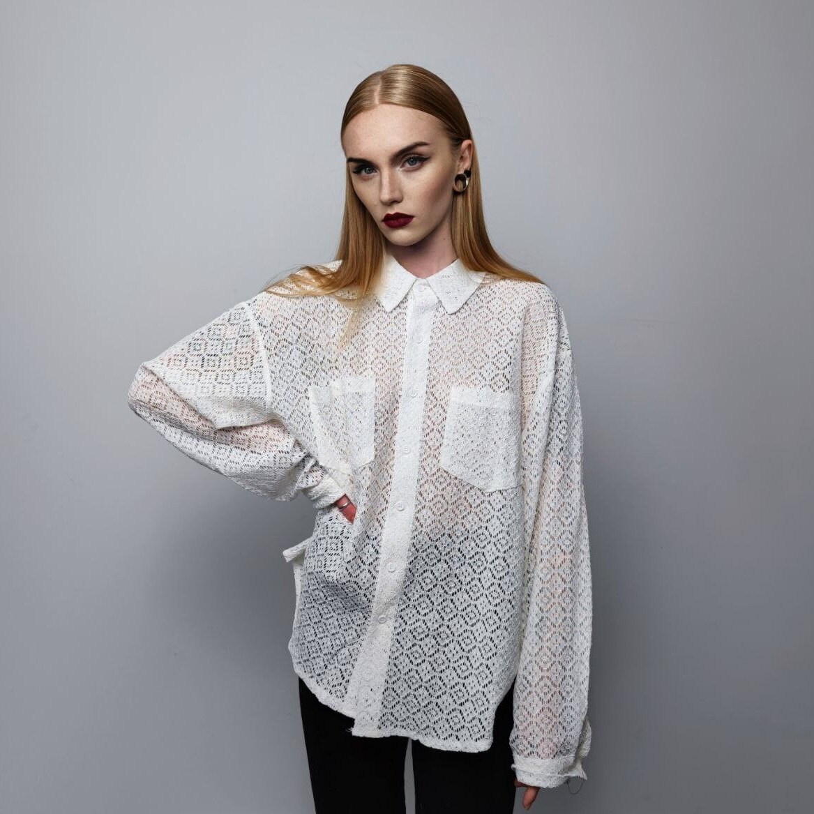 See-through Shirt Long Sleeve Transparent Crochet Blouse Sheer Party ...