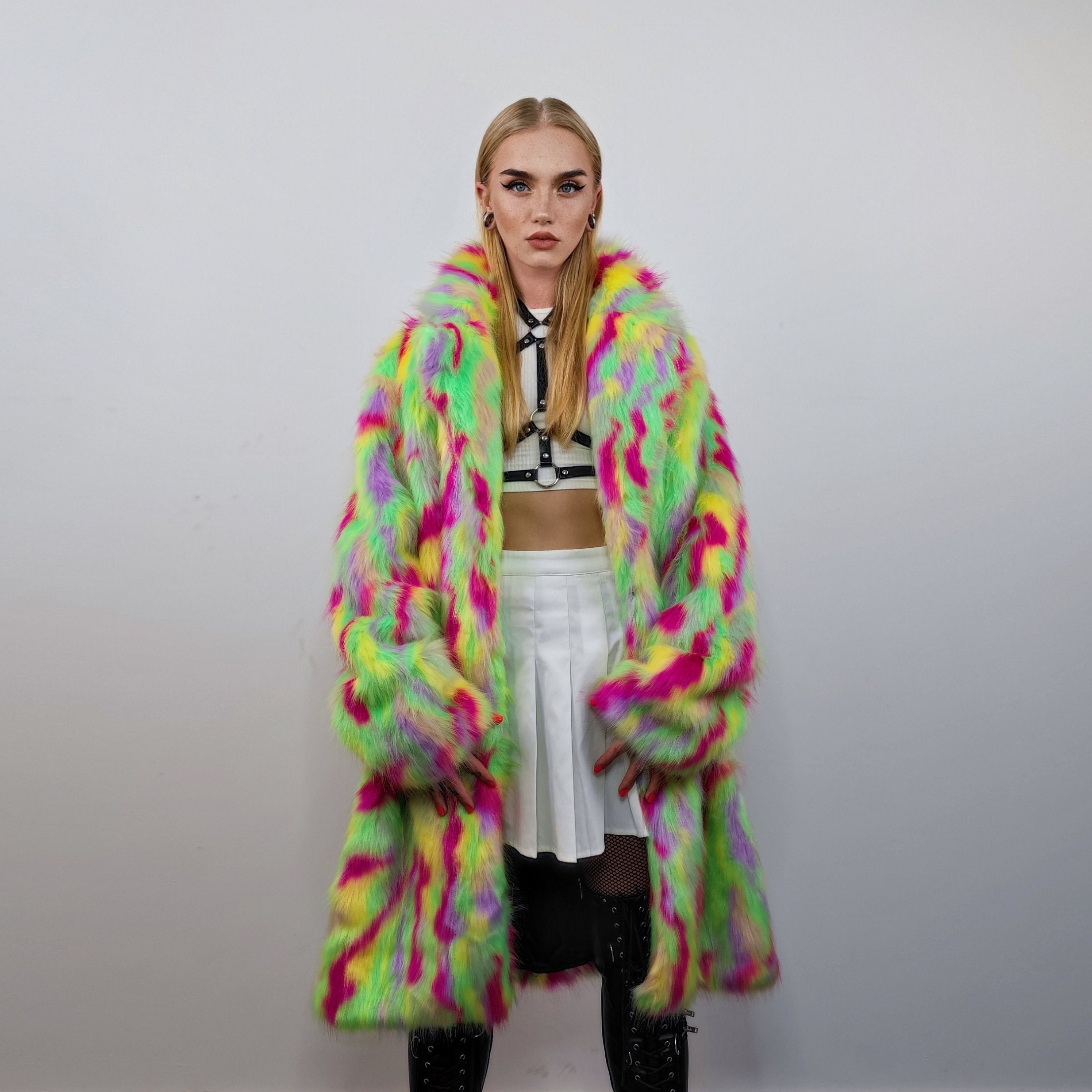 Psychedelic Faux Fur Longline Coat Shaggy Trench Bright Raver Bomber ...