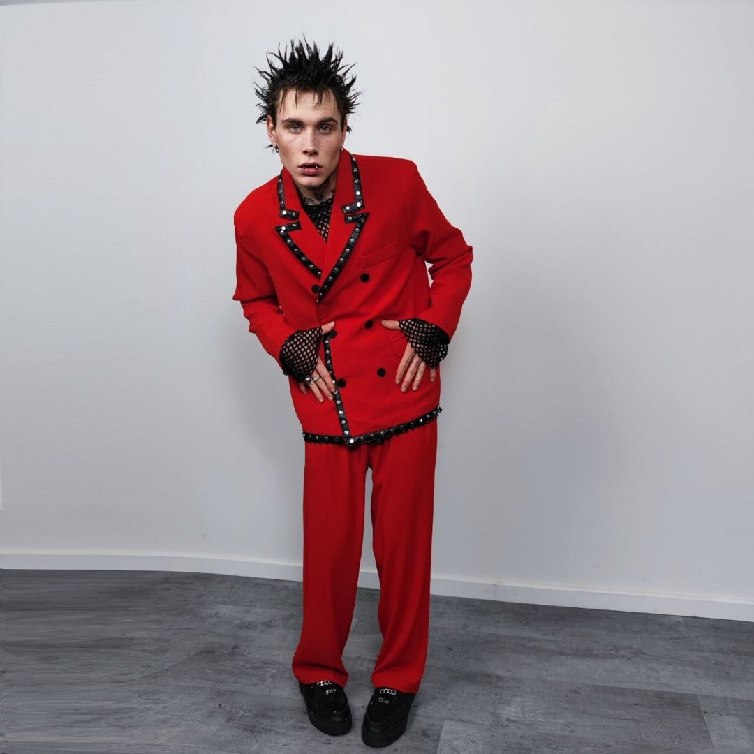Studded Gothic Suit Faux Leather Finish Tuxedo Catwalk Costume Punk ...