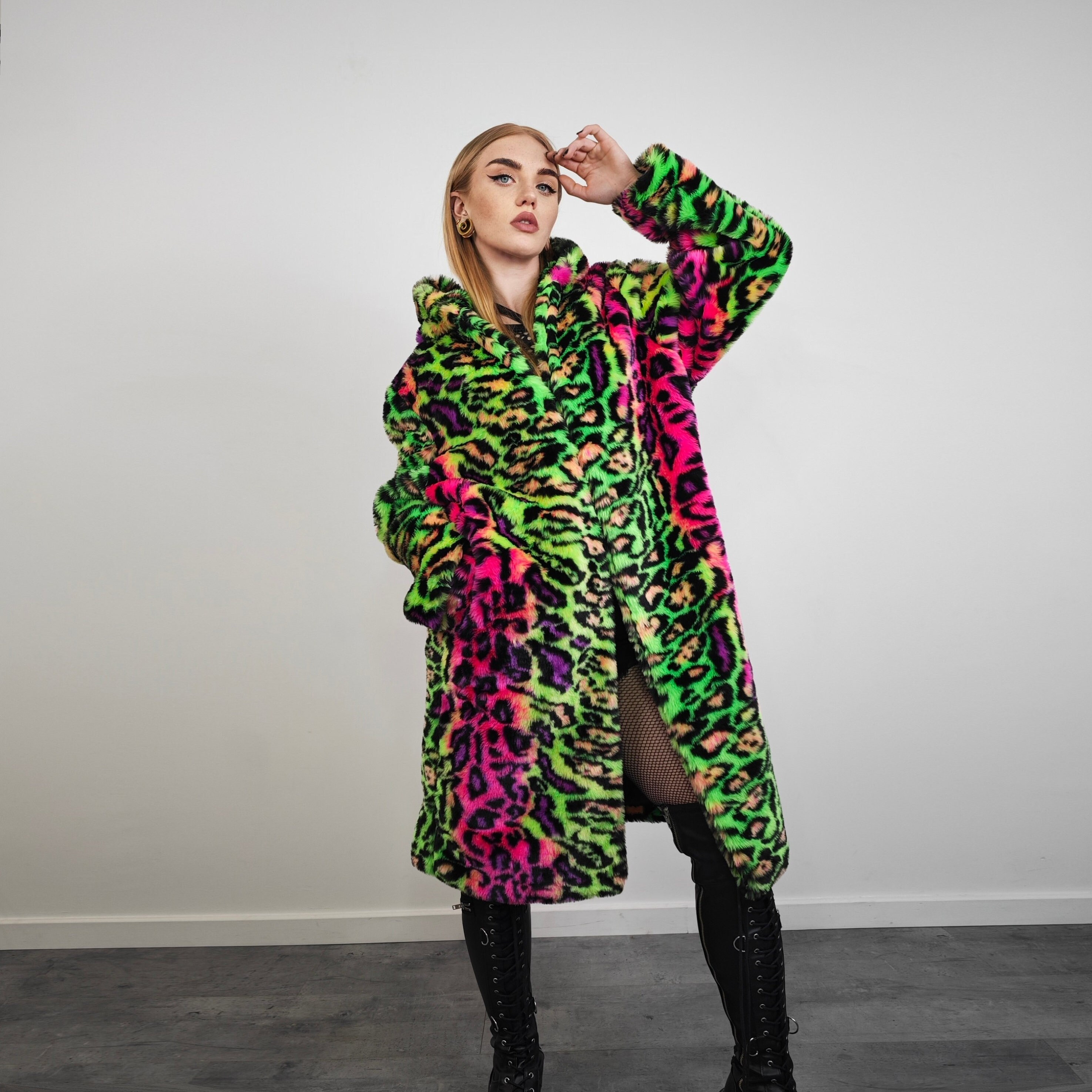 Neon Leopard Faux Fur Coat Hooded Festival Jacket Cheetah Rave Bomber ...