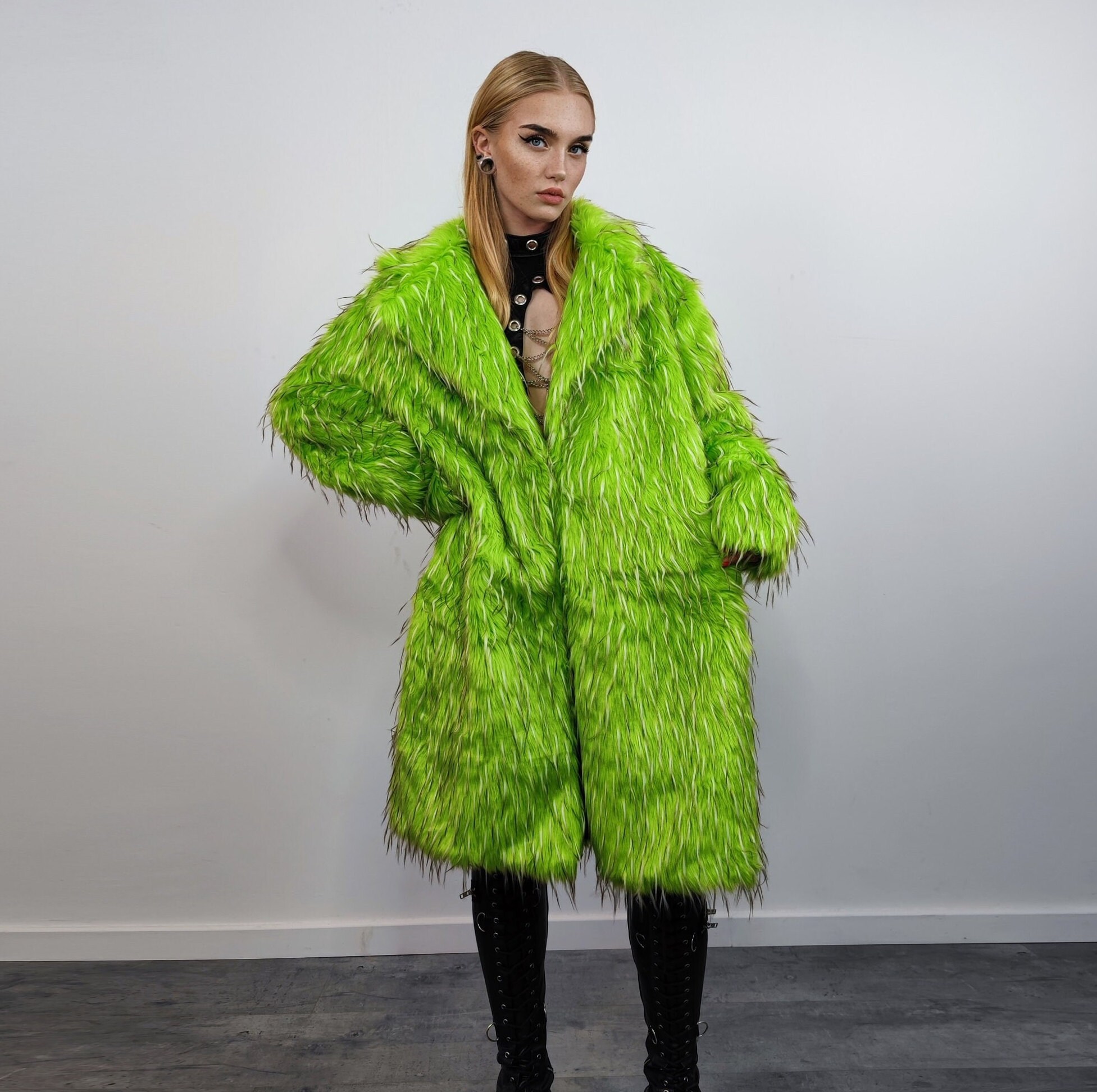 Shaggy Faux Fur Longline Coat Neon Trench Bright Raver Bomber Fluffy ...