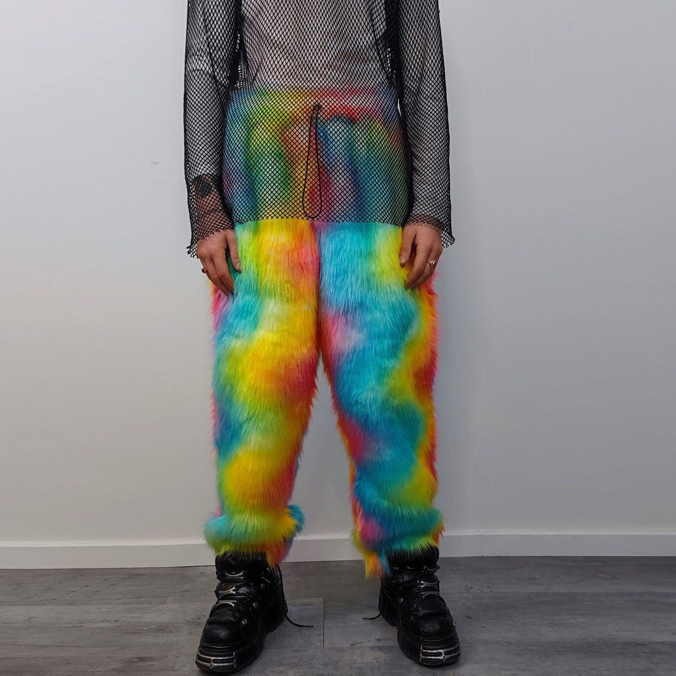Rainbow Faux Fur Joggers Raver Pants Fluffy Psychedelic Trousers Ski ...