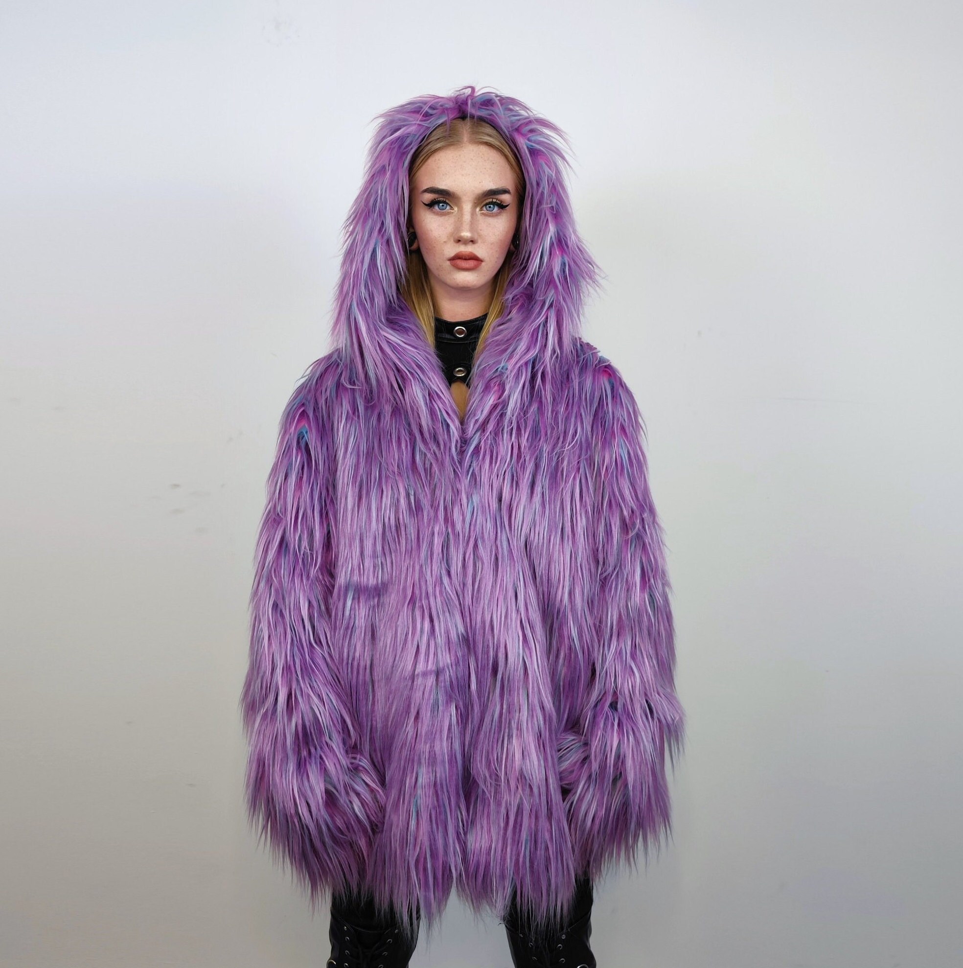 Shaggy Faux Fur Jacket Neon Bomber Bright Raver Coat Fluffy Puffer ...