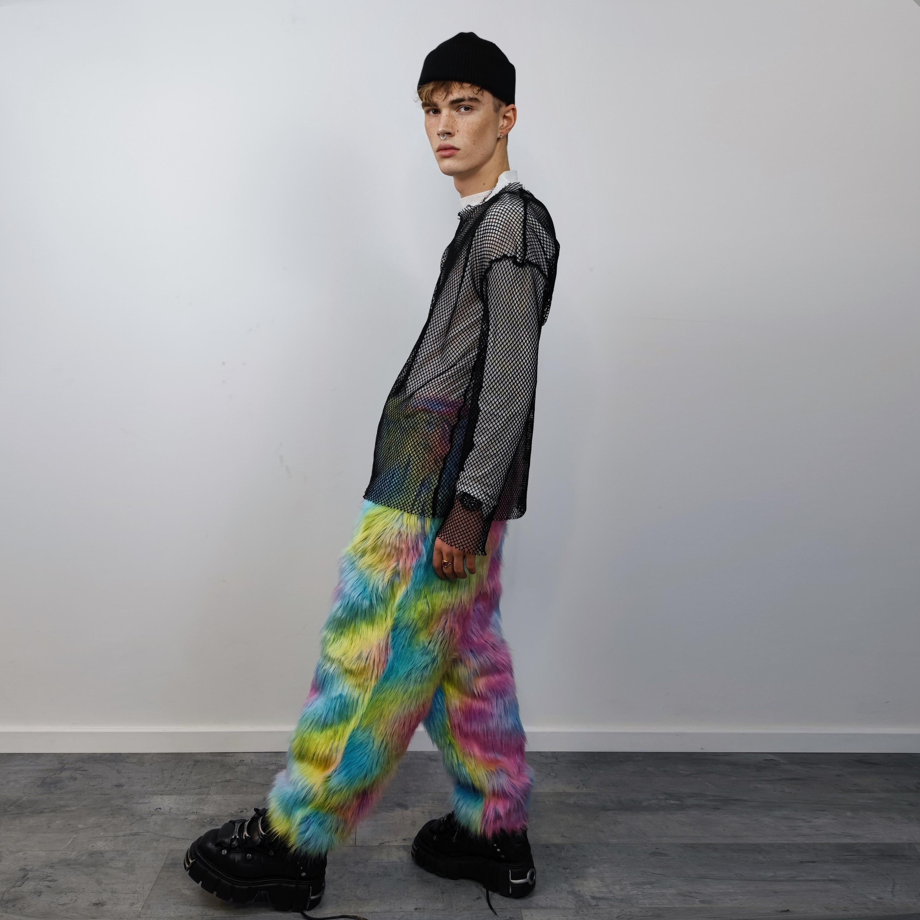 Rainbow Faux Fur Joggers Unicorn Raver Pants Fluffy Psychedelic ...