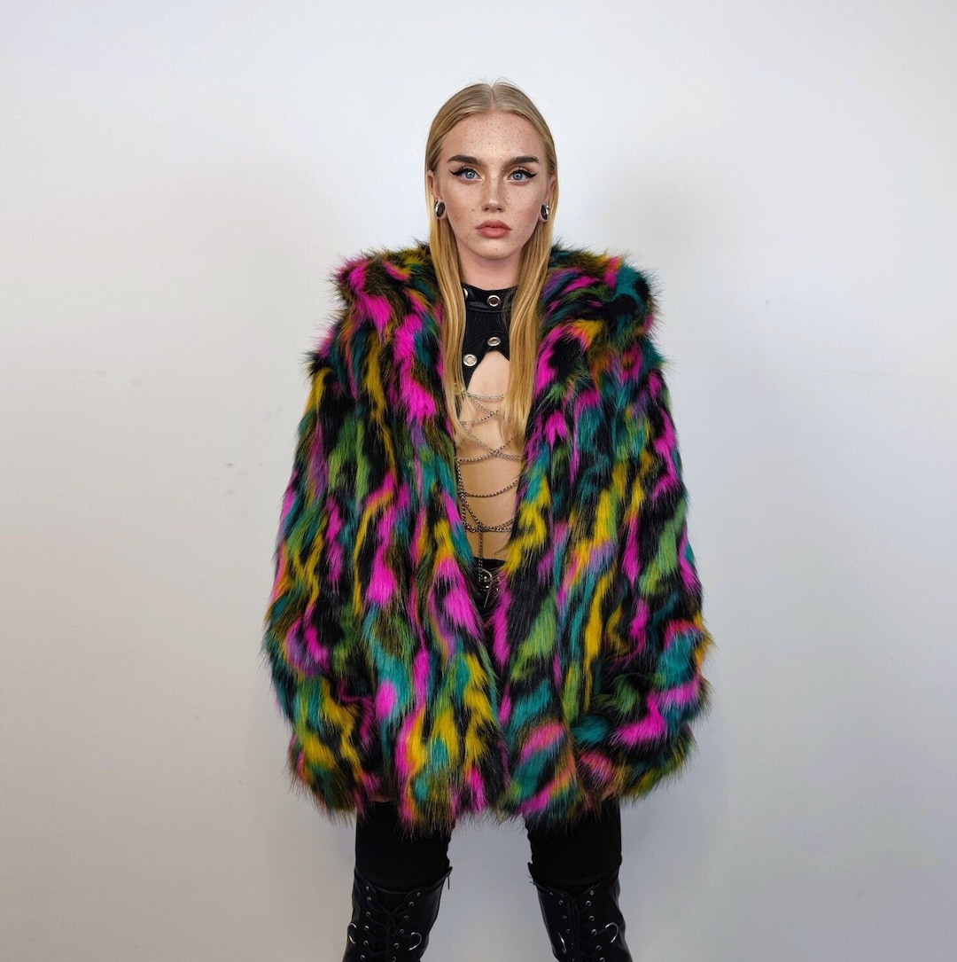 Hooded Faux Fur Striped Neon Jacket Zebra Bomber Raver Puffer - Etsy