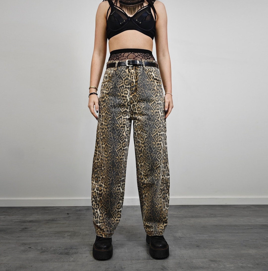 Brown Leopard Jeans Faded Animal Print Pants Unisex Bleached Denim ...