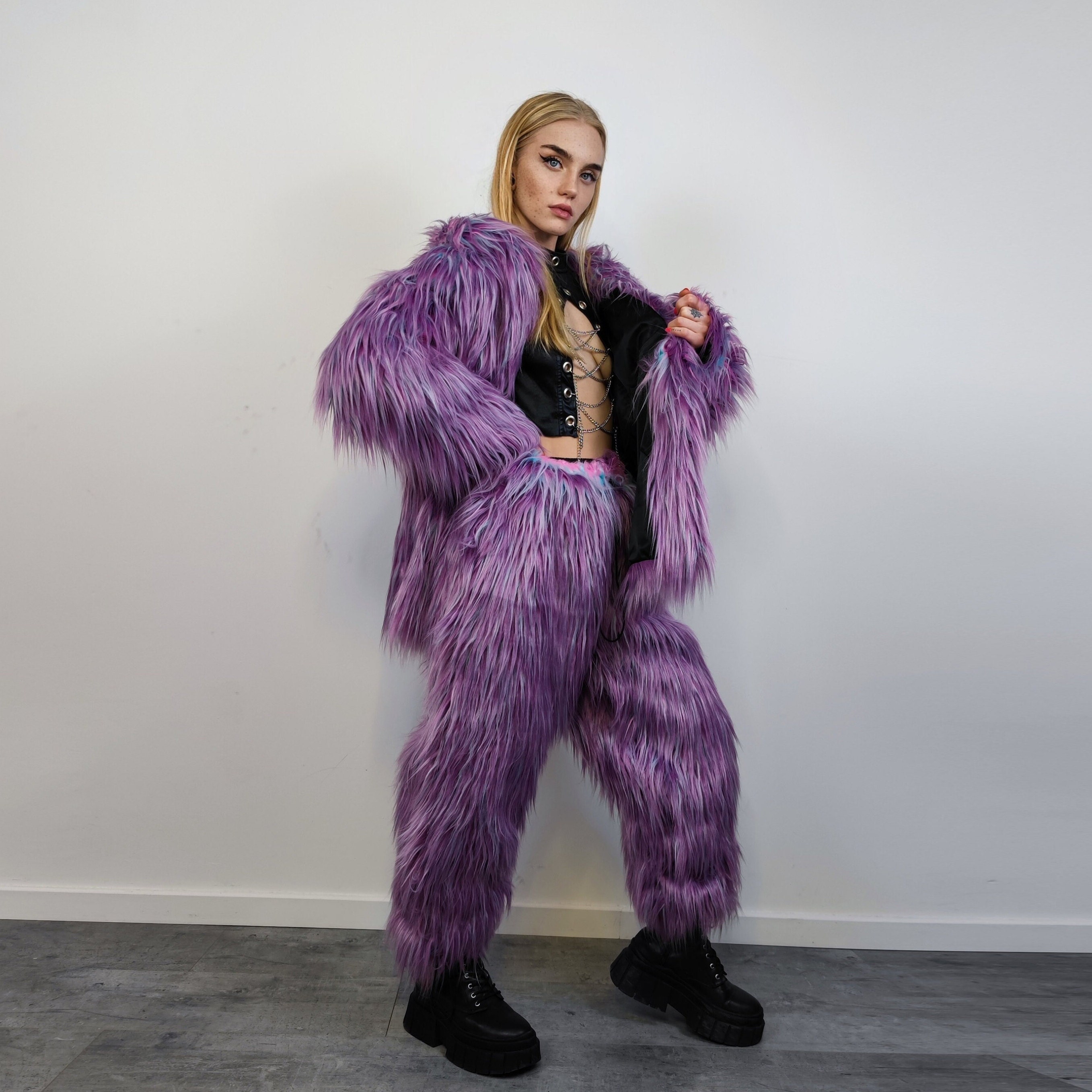 Shaggy Faux Fur Jacket Neon Bomber Bright Raver Coat Fluffy Puffer ...