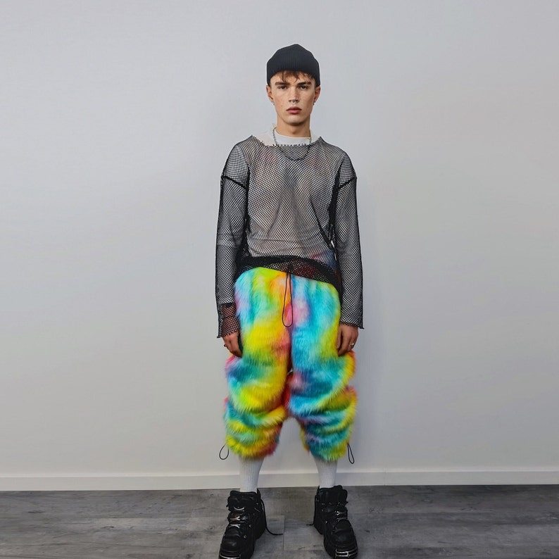 Rainbow Faux Fur Joggers Raver Pants Fluffy Psychedelic Trousers Ski ...