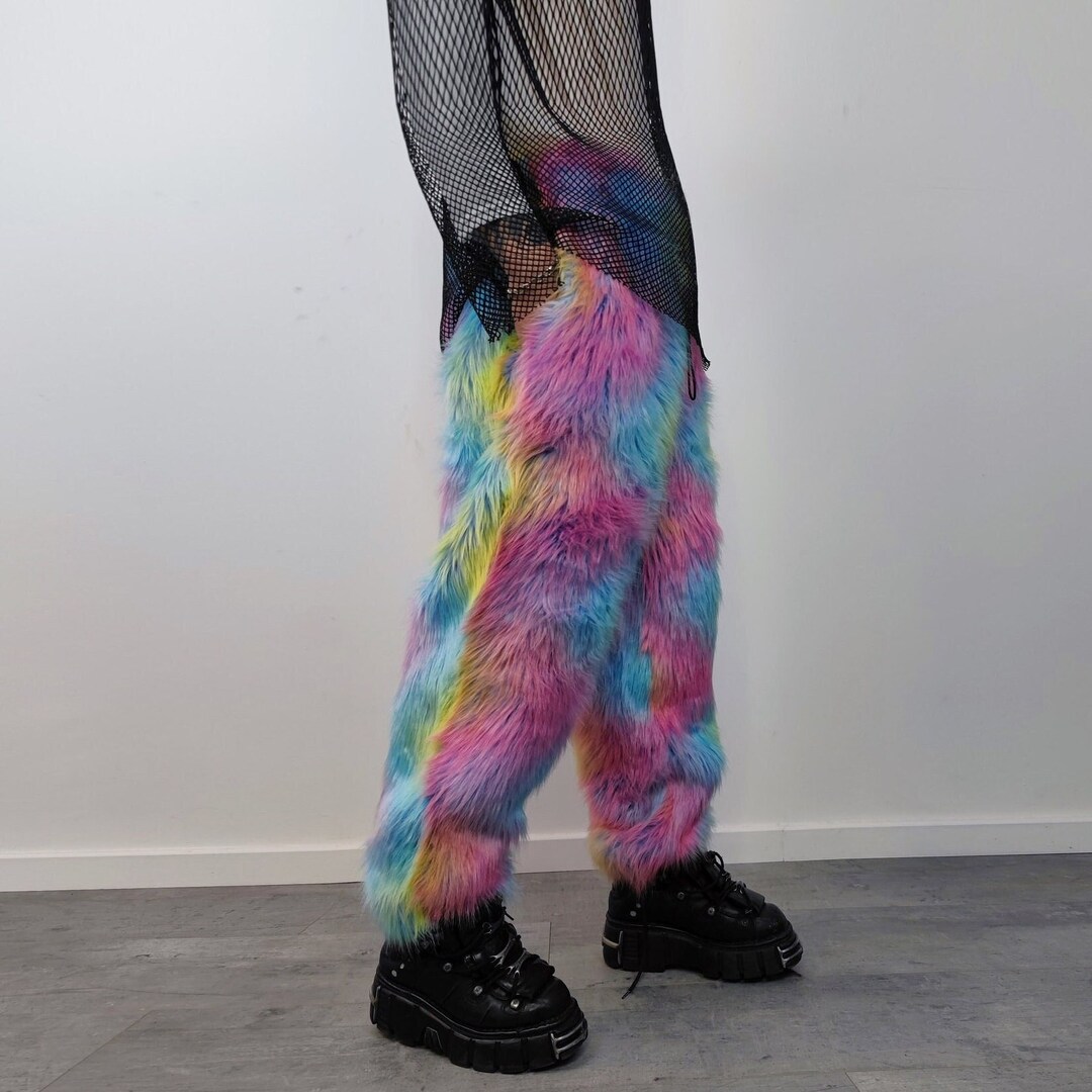 Rainbow Faux Fur Joggers Unicorn Raver Pants Fluffy Psychedelic ...