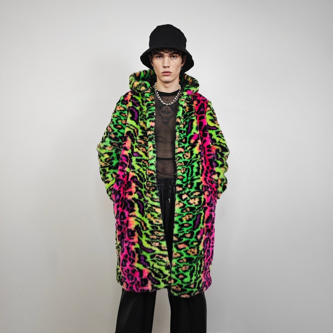 Neon Leopard Faux Fur Coat Hooded Festival Jacket Cheetah Rave Bomber ...