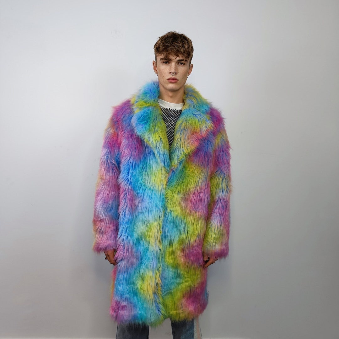 Rainbow Faux Fur Long Coat Unicorn Trench Neon Raver Bomber Fluffy Tie ...