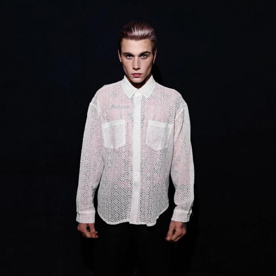 See-through Shirt Long Sleeve Transparent Crochet Blouse Sheer Party ...