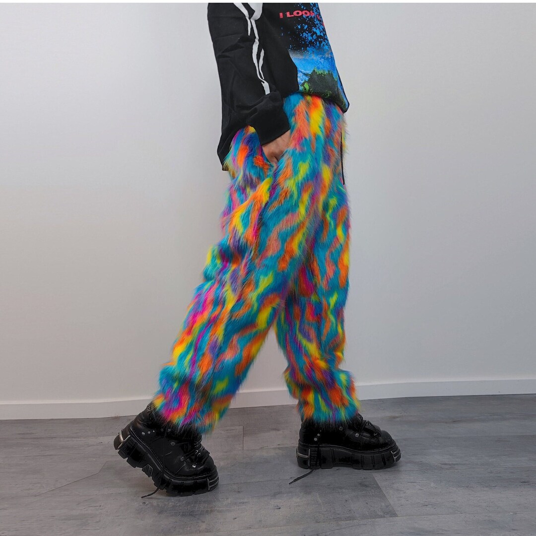 Disco Faux Fur Joggers 70s Raver Pants Fluffy Psychedelic Trousers Ski ...