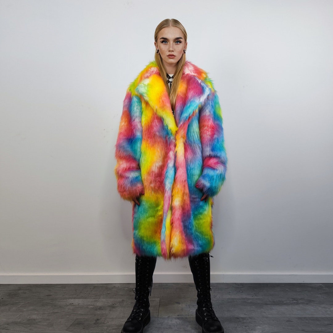 Rainbow Fur Long Coat Unicorn Trench Neon Raver Bomber Fluffy Tie-dye ...