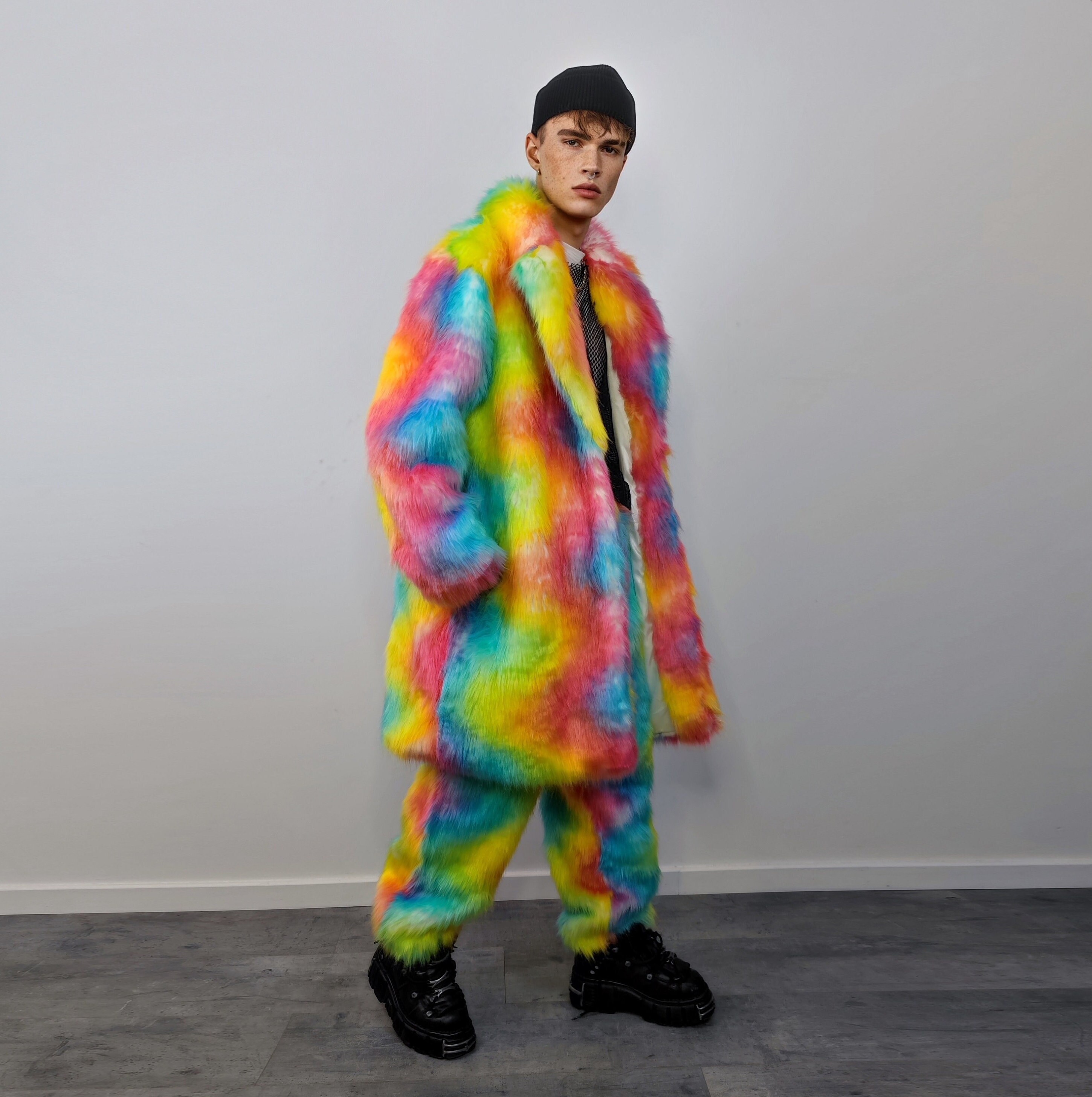 Rainbow Fur Long Coat Unicorn Trench Neon Raver Bomber Fluffy Tie-dye ...