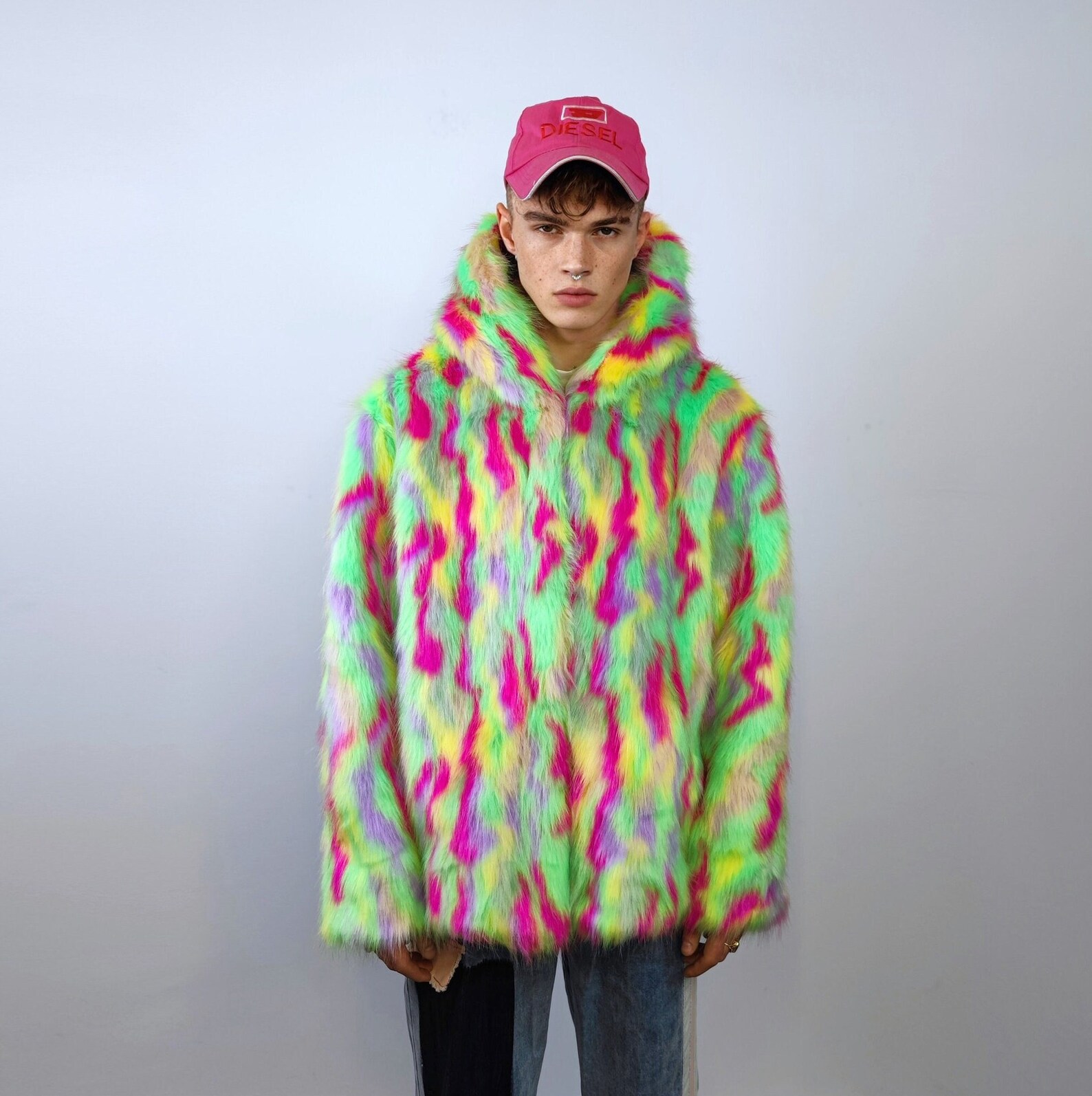 Hooded Faux Fur Jacket Psychedelic Coat Shaggy Trench Bright Raver ...