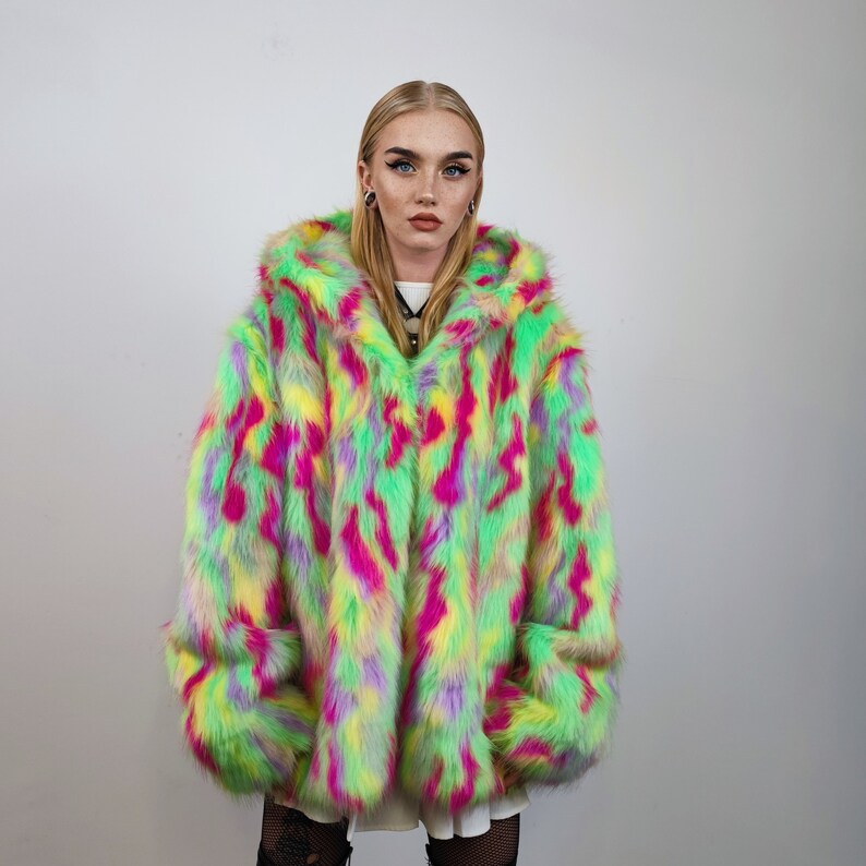 Hooded Faux Fur Jacket Psychedelic Coat Shaggy Trench Bright Raver ...