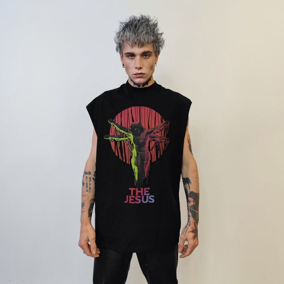Jesus Sleeveless T-shirt Gothic Cross Tank Religious Print Tee Creepy ...