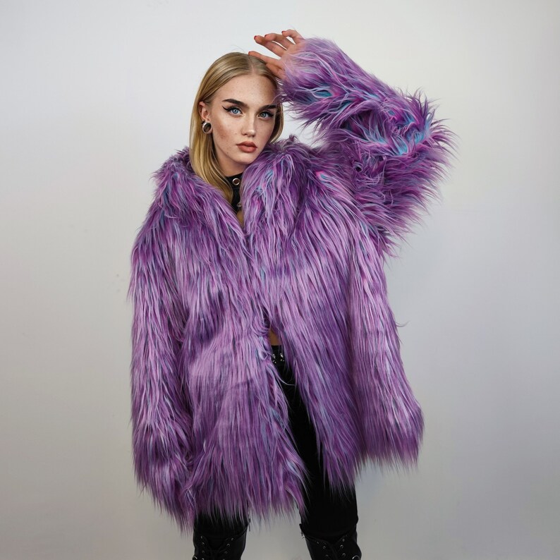 Shaggy Faux Fur Jacket Neon Bomber Bright Raver Coat Fluffy Puffer ...