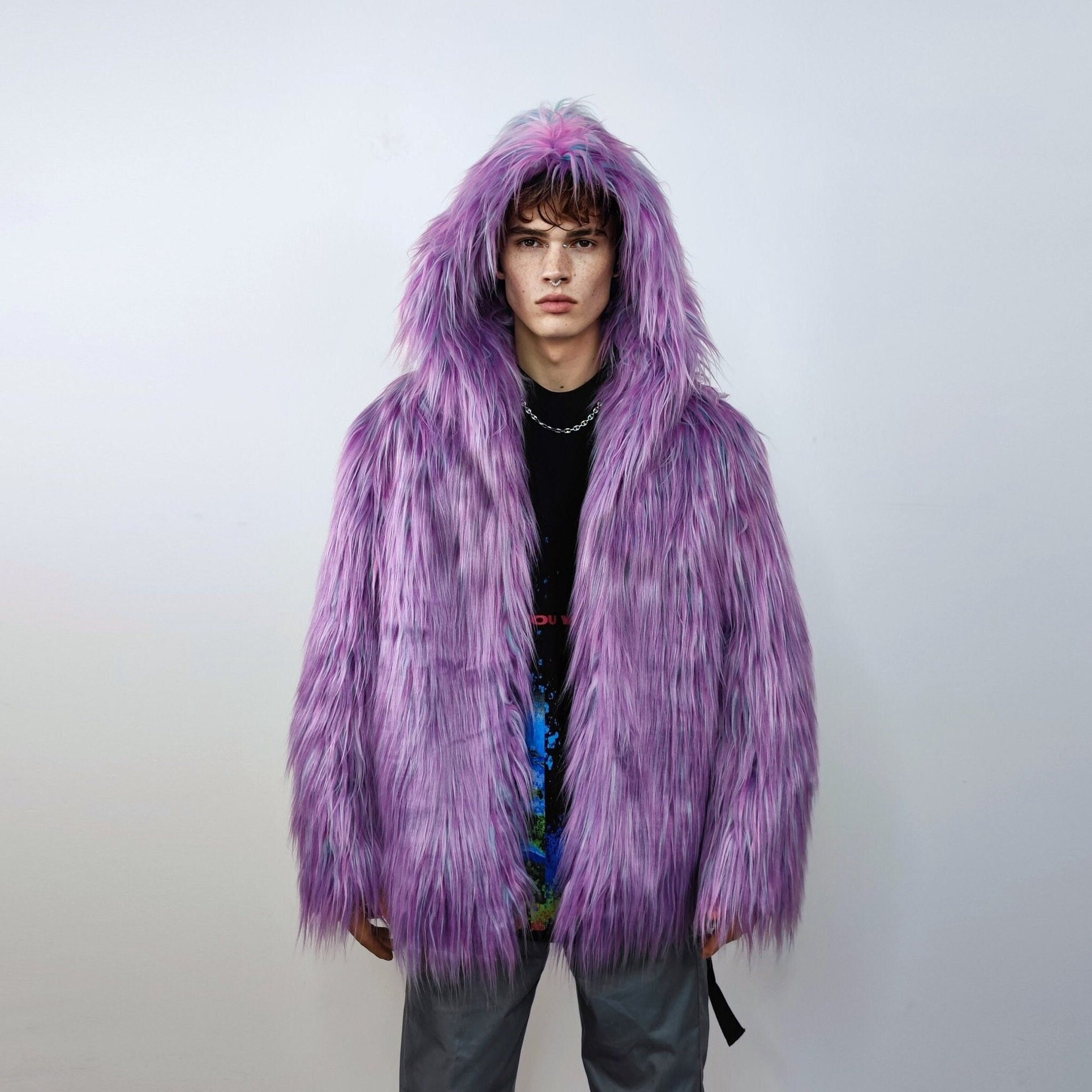 Shaggy Faux Fur Jacket Neon Bomber Bright Raver Coat Fluffy Puffer ...