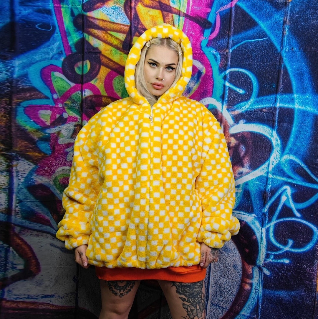 Check Fleece Jacket Handmade Detachable Neon Fluffy Geometric Bomber ...