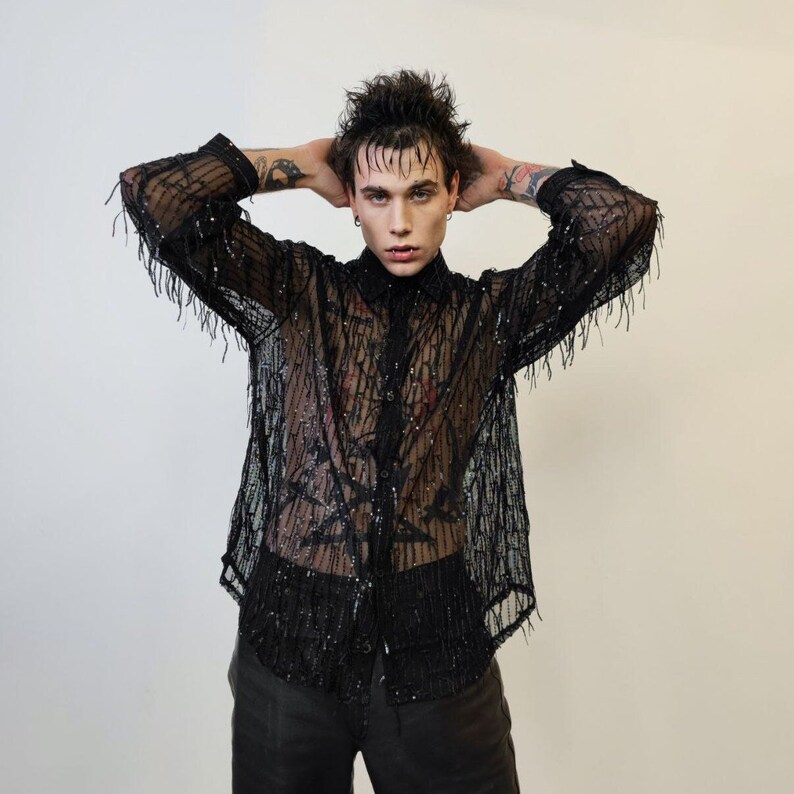 Transparent Mesh Shirt Long Sleeve Tassels Sheer Blouse Grunge Catwalk ...