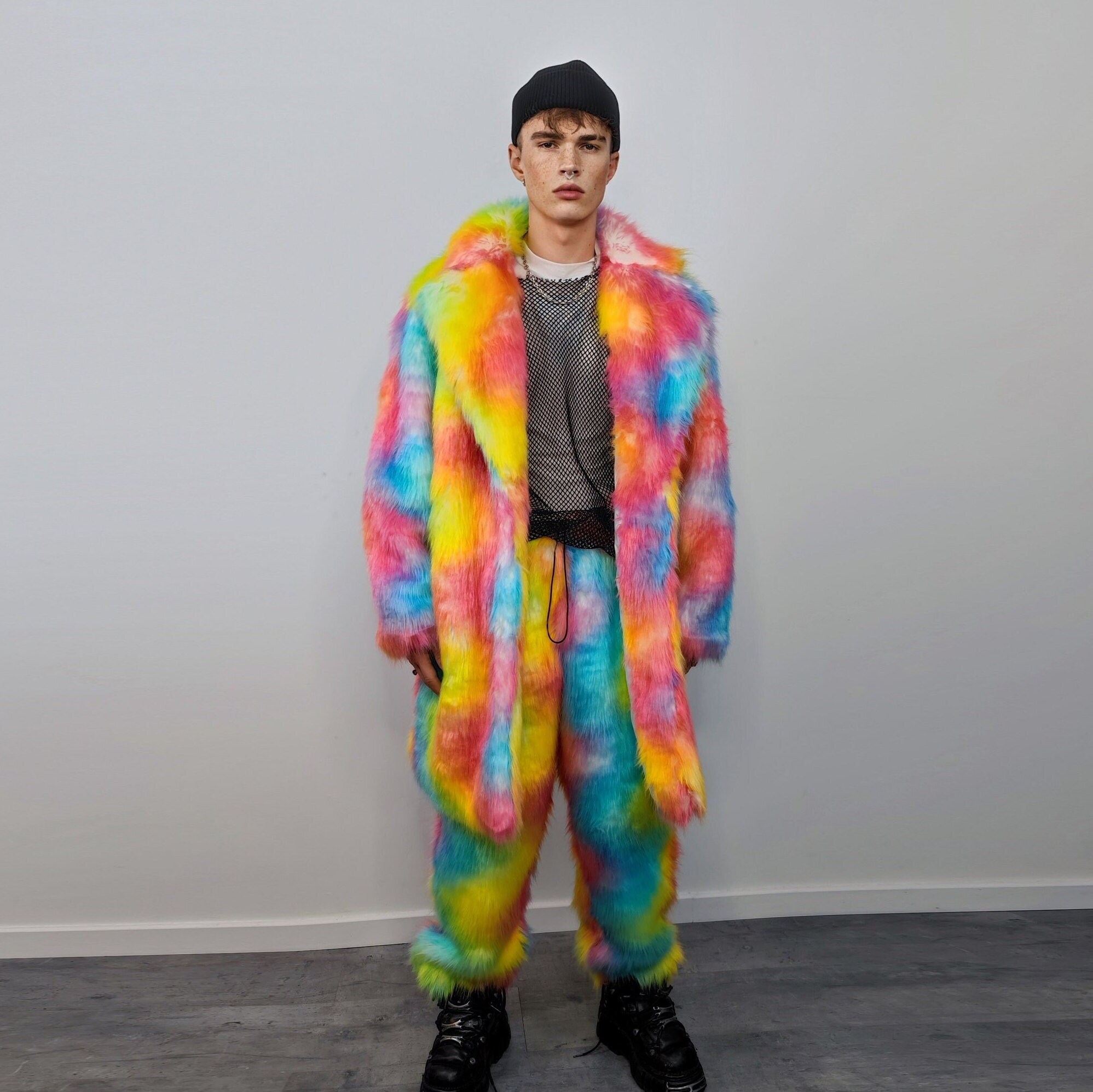 Rainbow Faux Fur Joggers Raver Pants Fluffy Psychedelic Trousers Ski ...