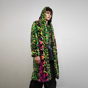 Neon Leopard Faux Fur Coat Hooded Festival Jacket Cheetah Rave Bomber ...