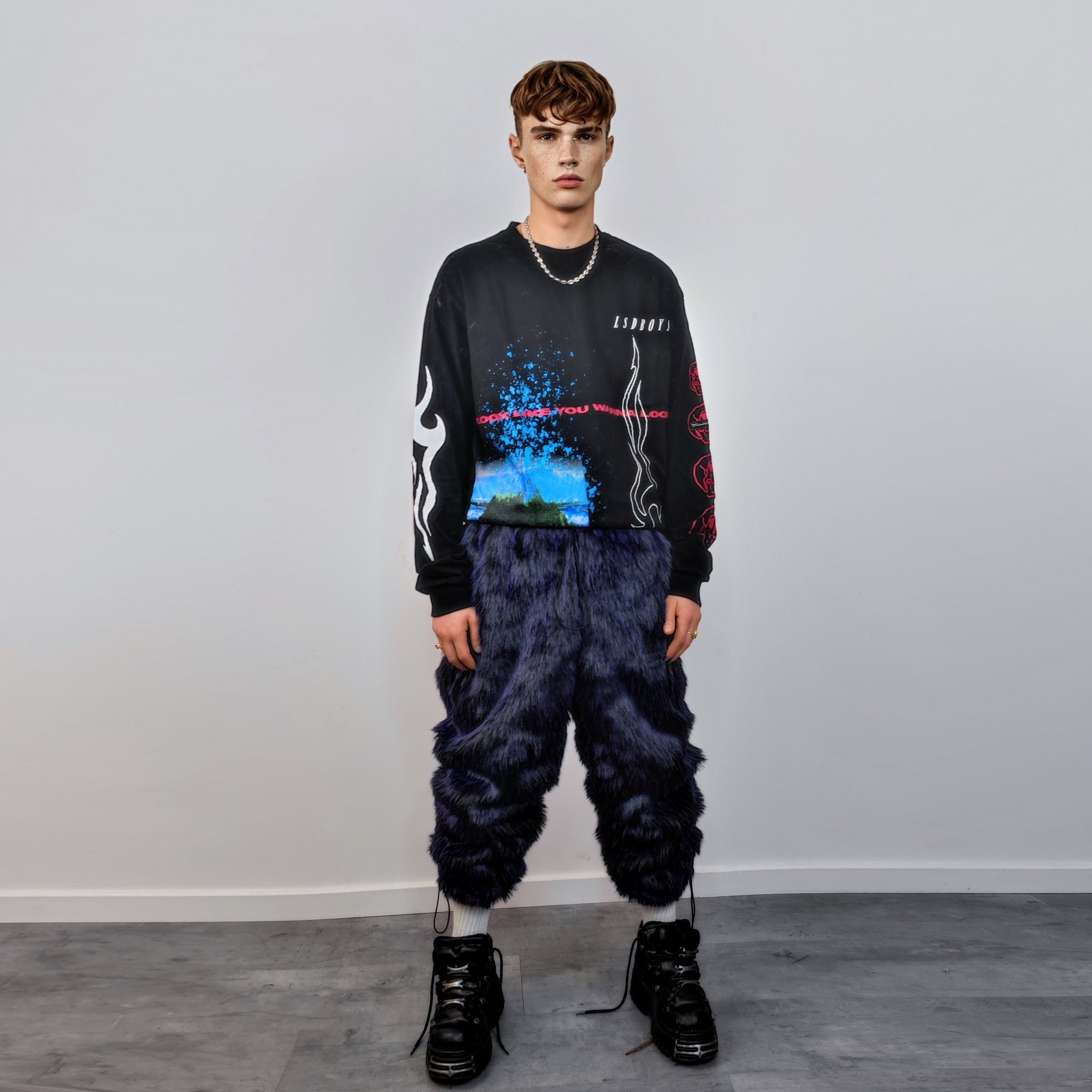 Luxury Faux Fur Joggers Luminous Raver Pants Fluffy Punk Trousers ...