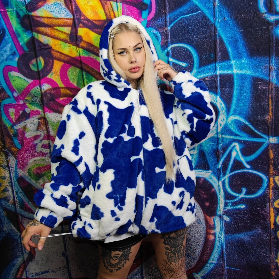 Cow Print Fleece Jacket Handmade Detachable Fluorescent Fluffy Bomber ...